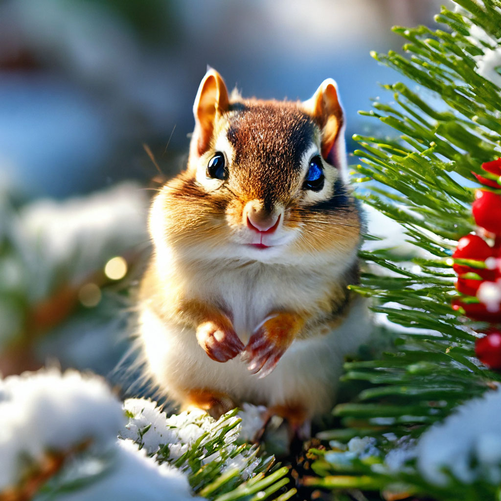 "Chipmunk, fluffy, very cute close-up around green pine branches in the ...