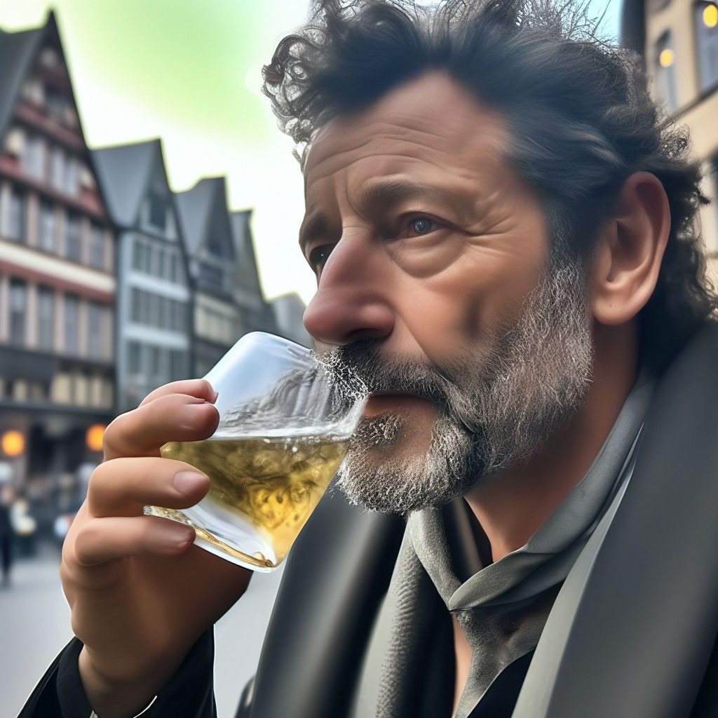 "French actor in Cologne drinking water, realistic, gas bubbles in a ...