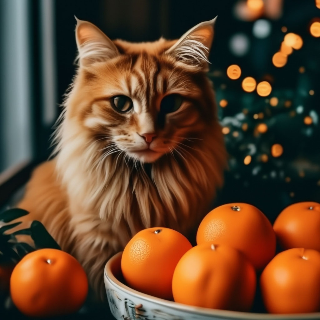 "New Year's atmosphere: a red cat in tangerines…" — image created in ...
