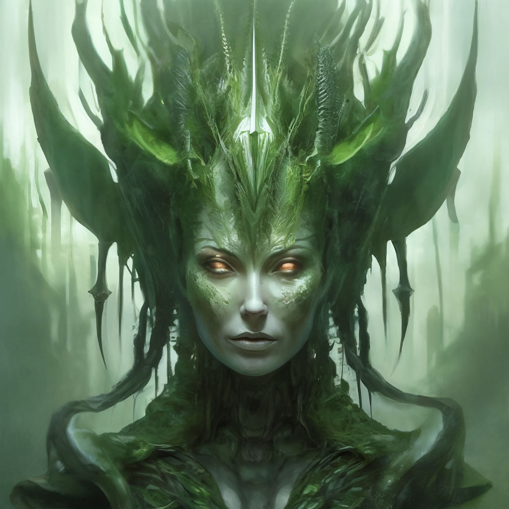 "The Queen humanoid creature, crown of chitinous growths, vibrissa ...