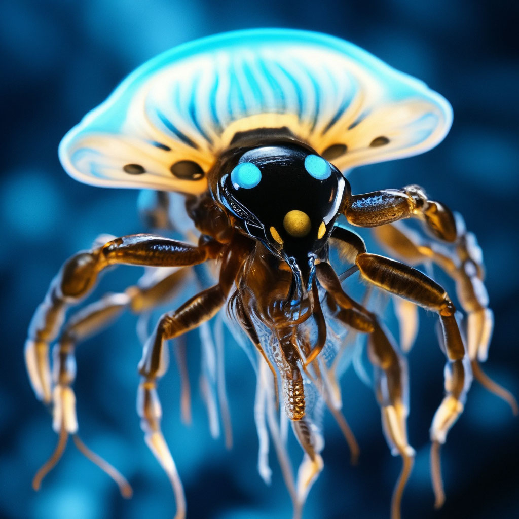 "A hybrid of a bee and a jellyfish" — image created in Shedevrum