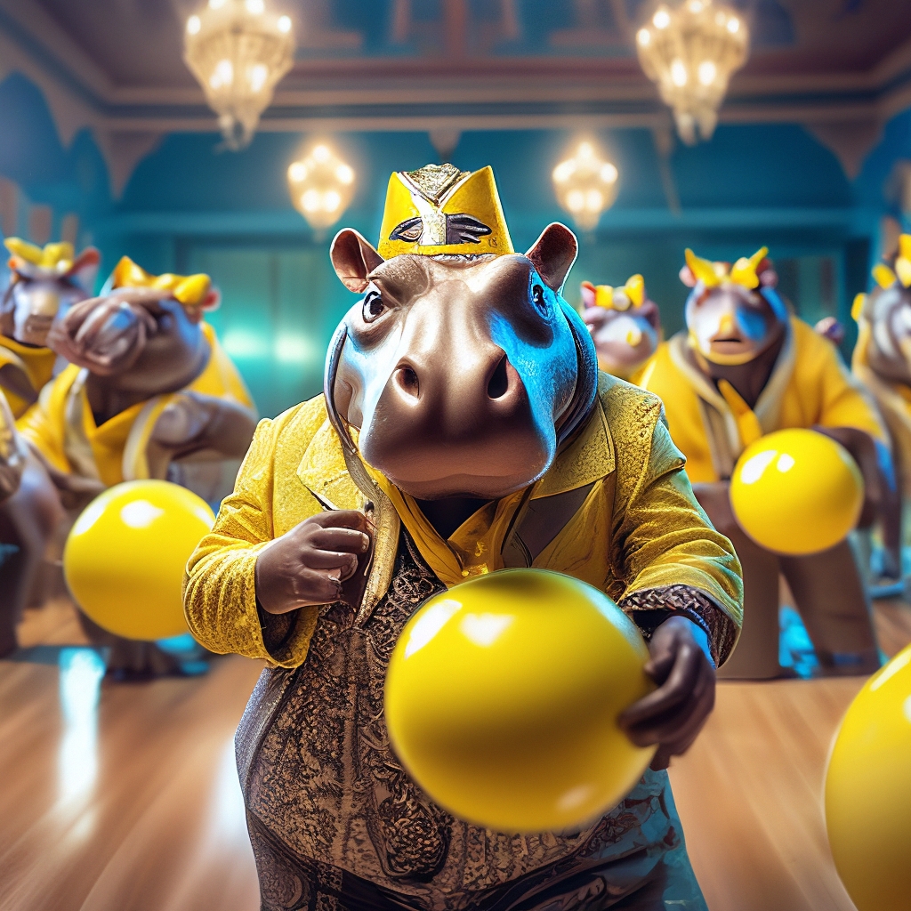 "Fantasy, surrealism, beautiful anthropomorphic hippos playing bowling ...