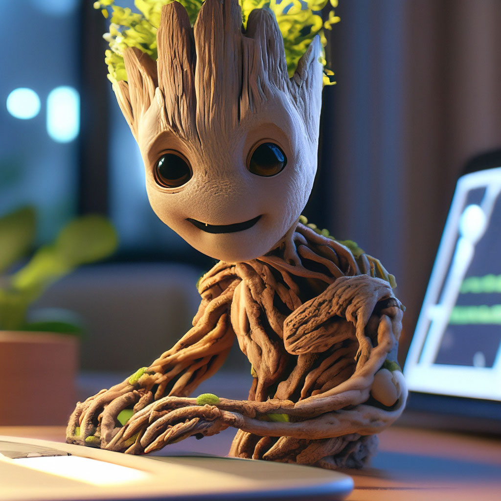 "Cute little humanoid groot sitting in front of a laptop, unreal engine ...