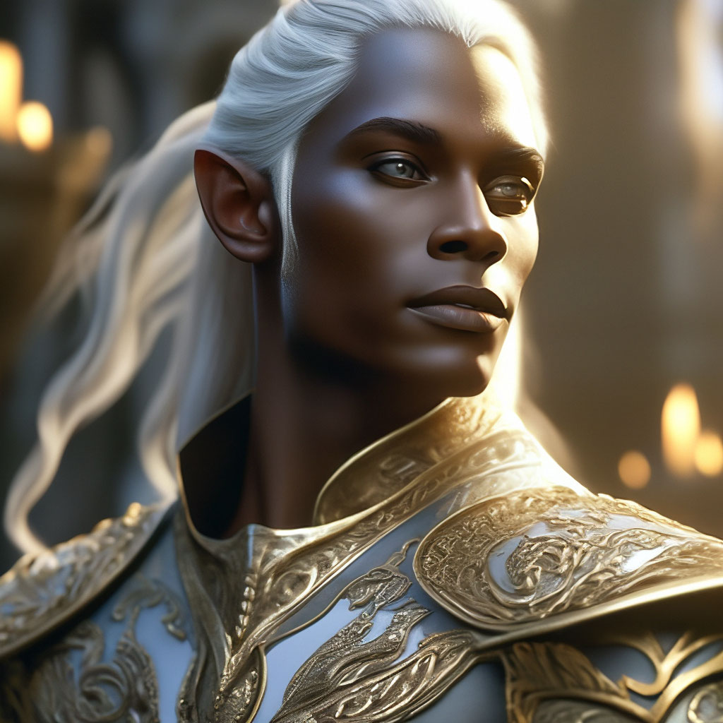 "Elf male, drow, European type of face, dark skin, golden hair ...