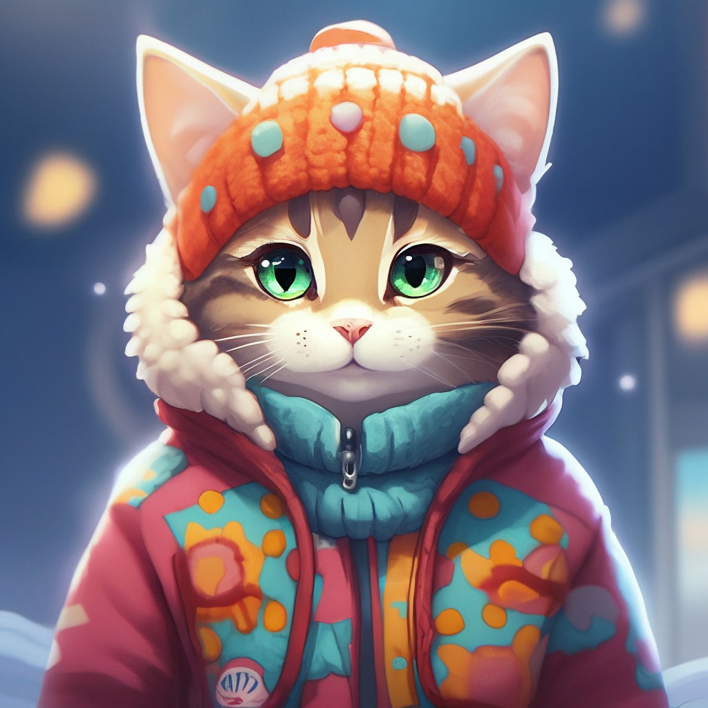 "Anime cat in a knitted hat and jacket" — image created in Shedevrum