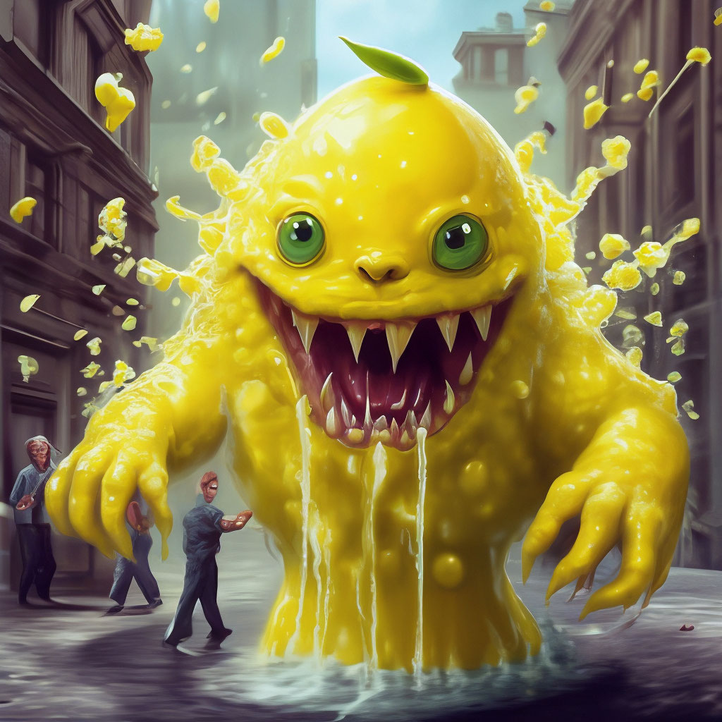"Lemon monster pisses on people with juice" — image created in Shedevrum