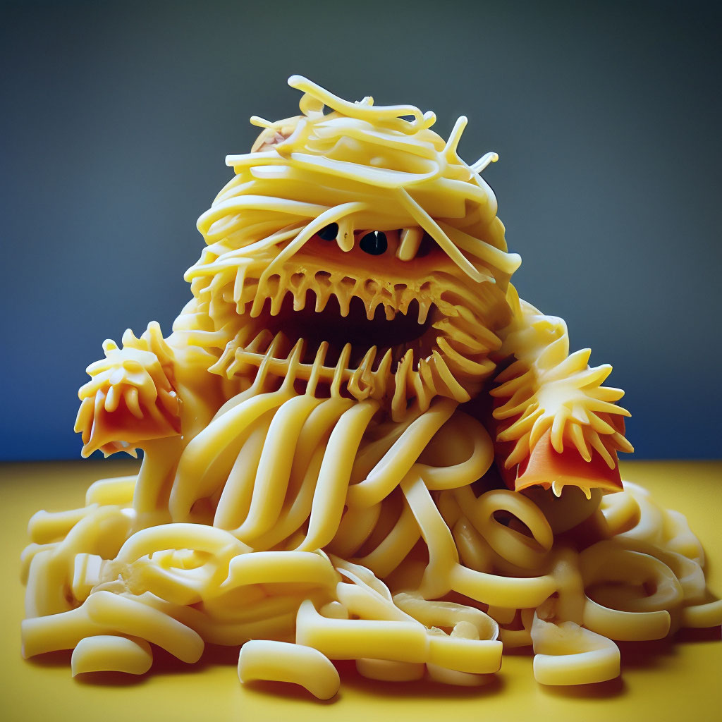 "The pasta monster is crawling away" — image created in Shedevrum