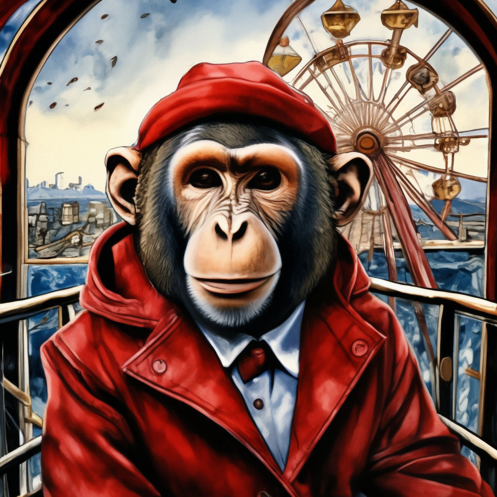 "In the cab of the Ferris wheel sits a monkey in a red skirt and cries ...