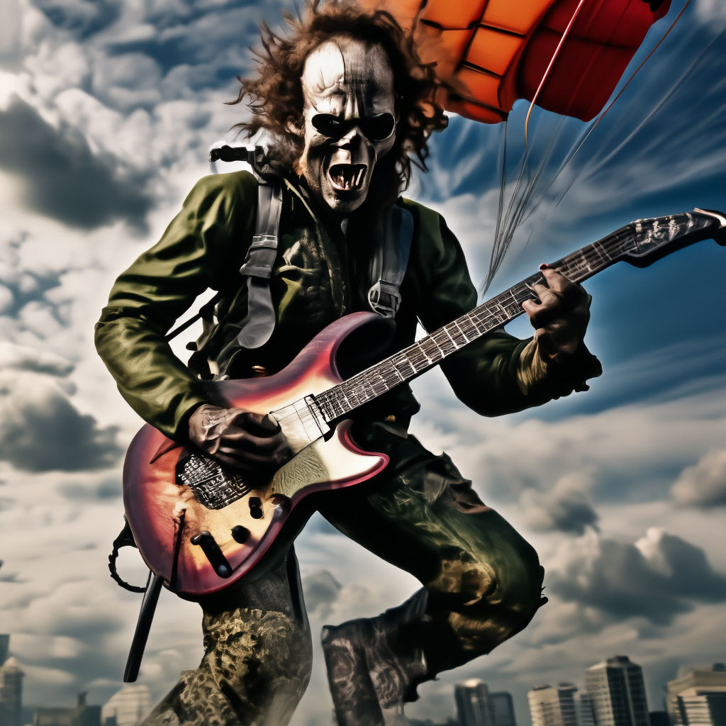 "Zombie guitarist jumps with a parachute" — image created in Shedevrum