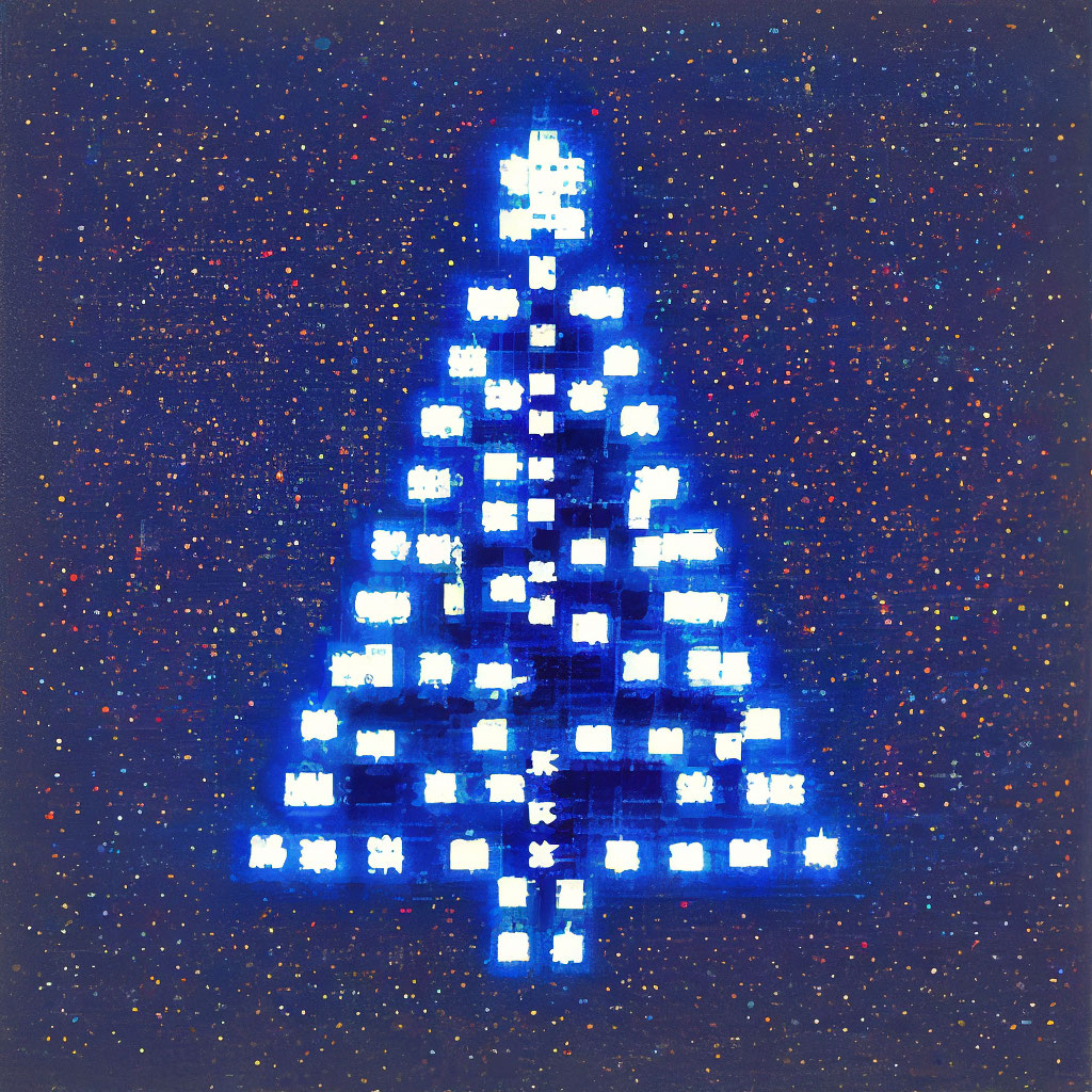 "White neon Christmas tree made of luminous dots on a dark blue ...