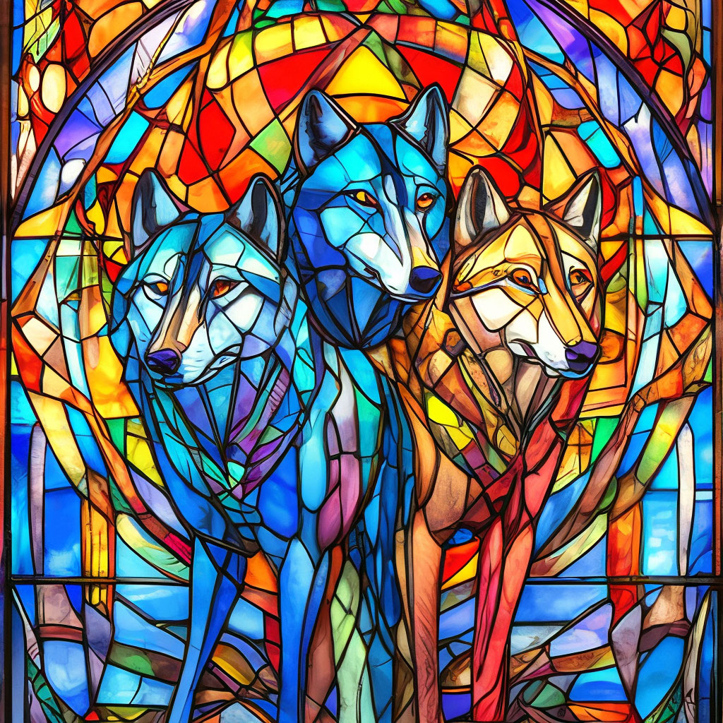 "Wolves on the hunt, stained glass, rich color, realistic, high detail ...