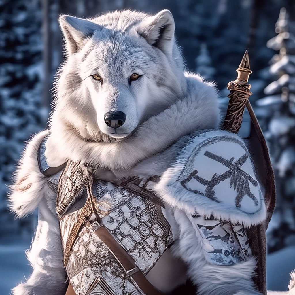 "White wolf winter tracker, tired, in light leather armor with patterns ...