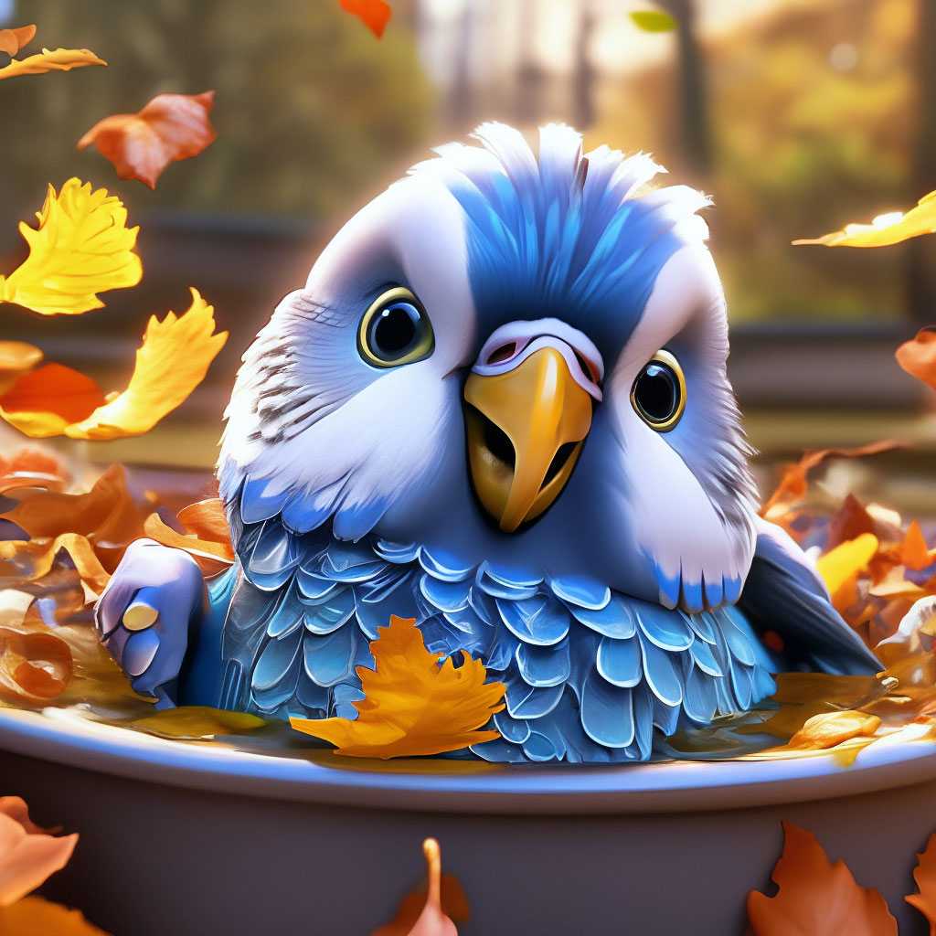 "Funny cartoon funny Pixsar budgie in a pumpon bathes in autumn leaves ...