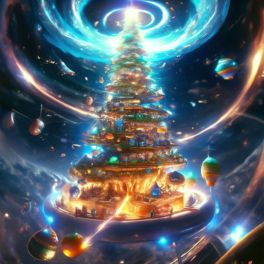 "A fantastic fantasy Christmas tree, in space toys, floating in the air ...