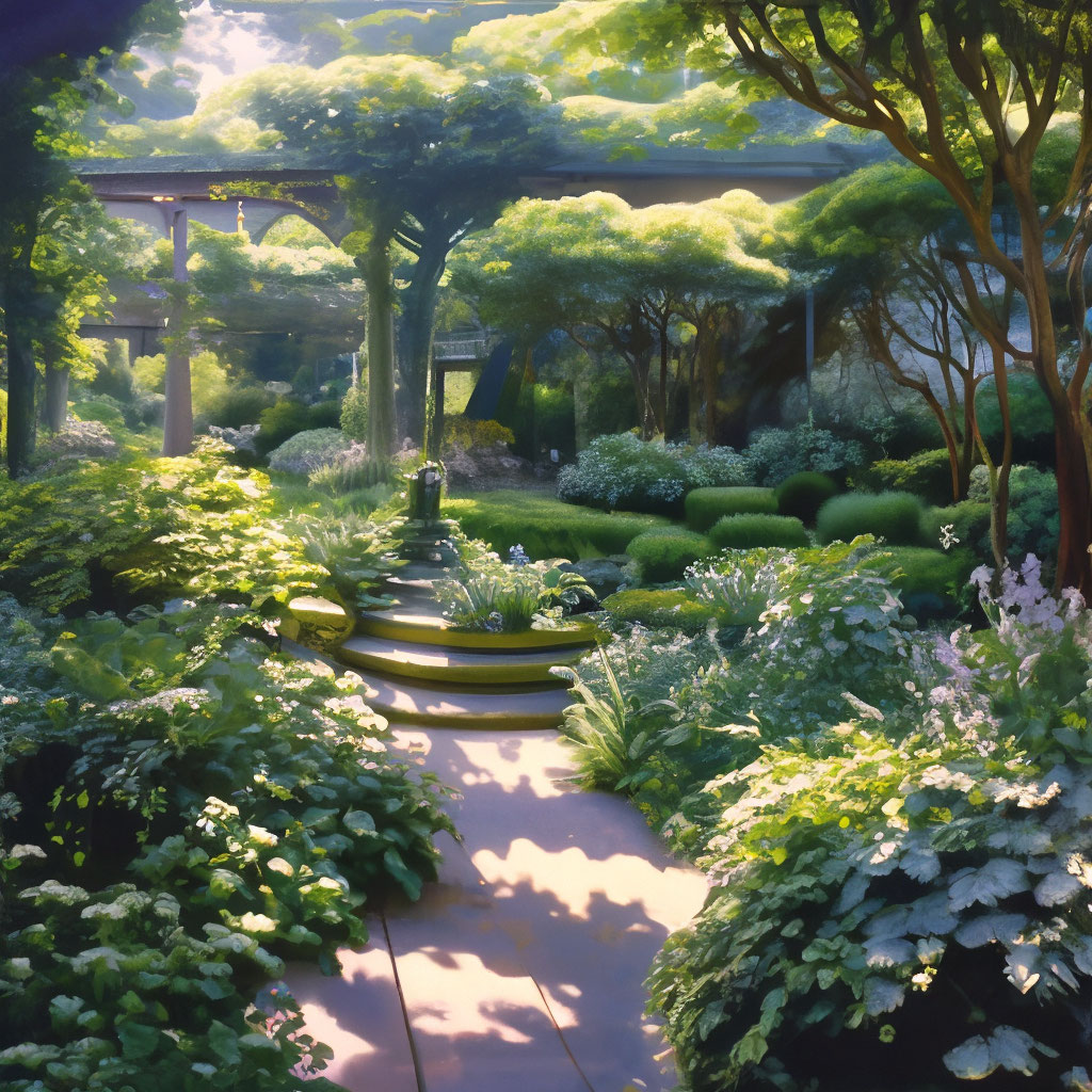 "In the shade of a dense garden" — image created in Shedevrum