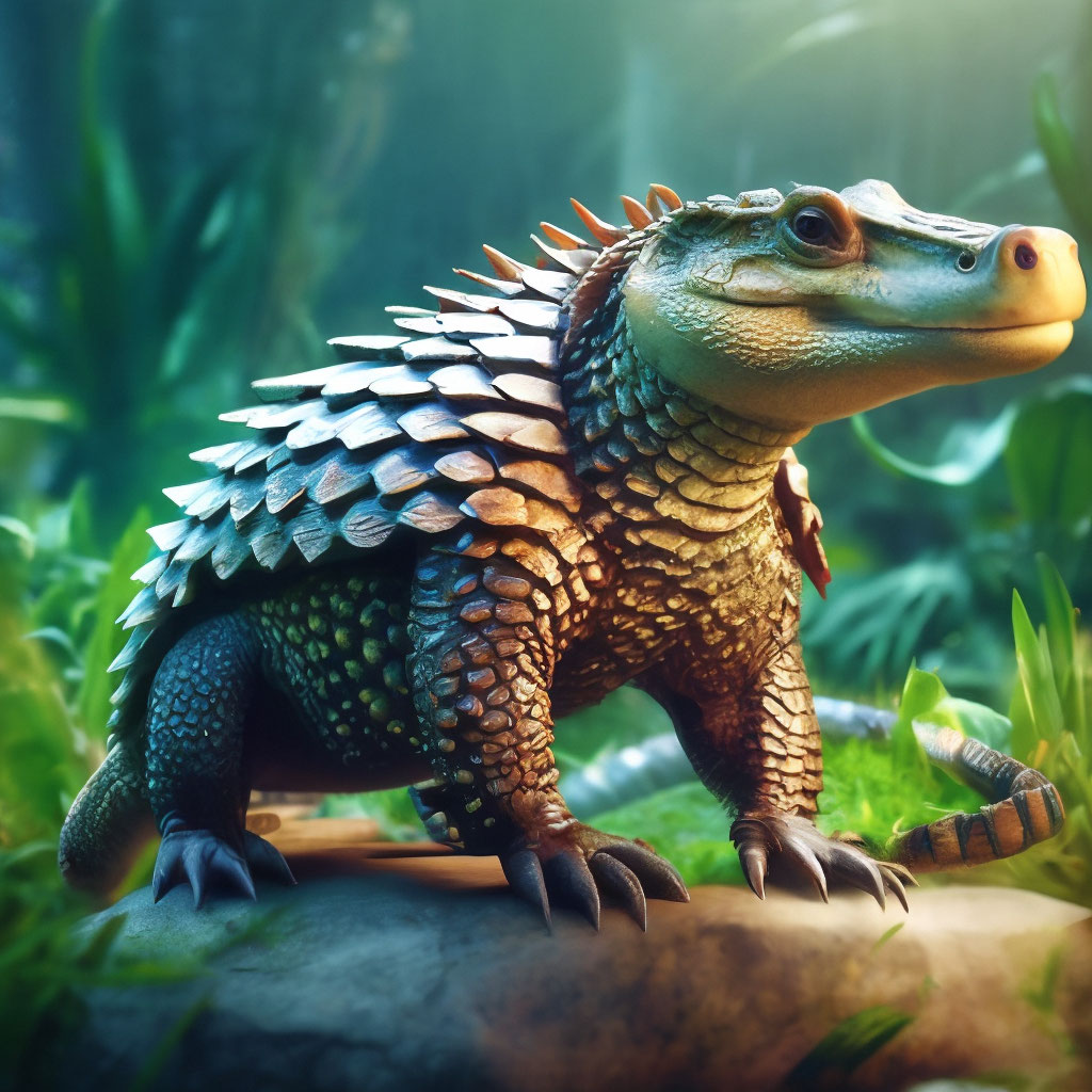 "Hybrid: alligator+ spherical armadillo, long tail, symbiosis ...