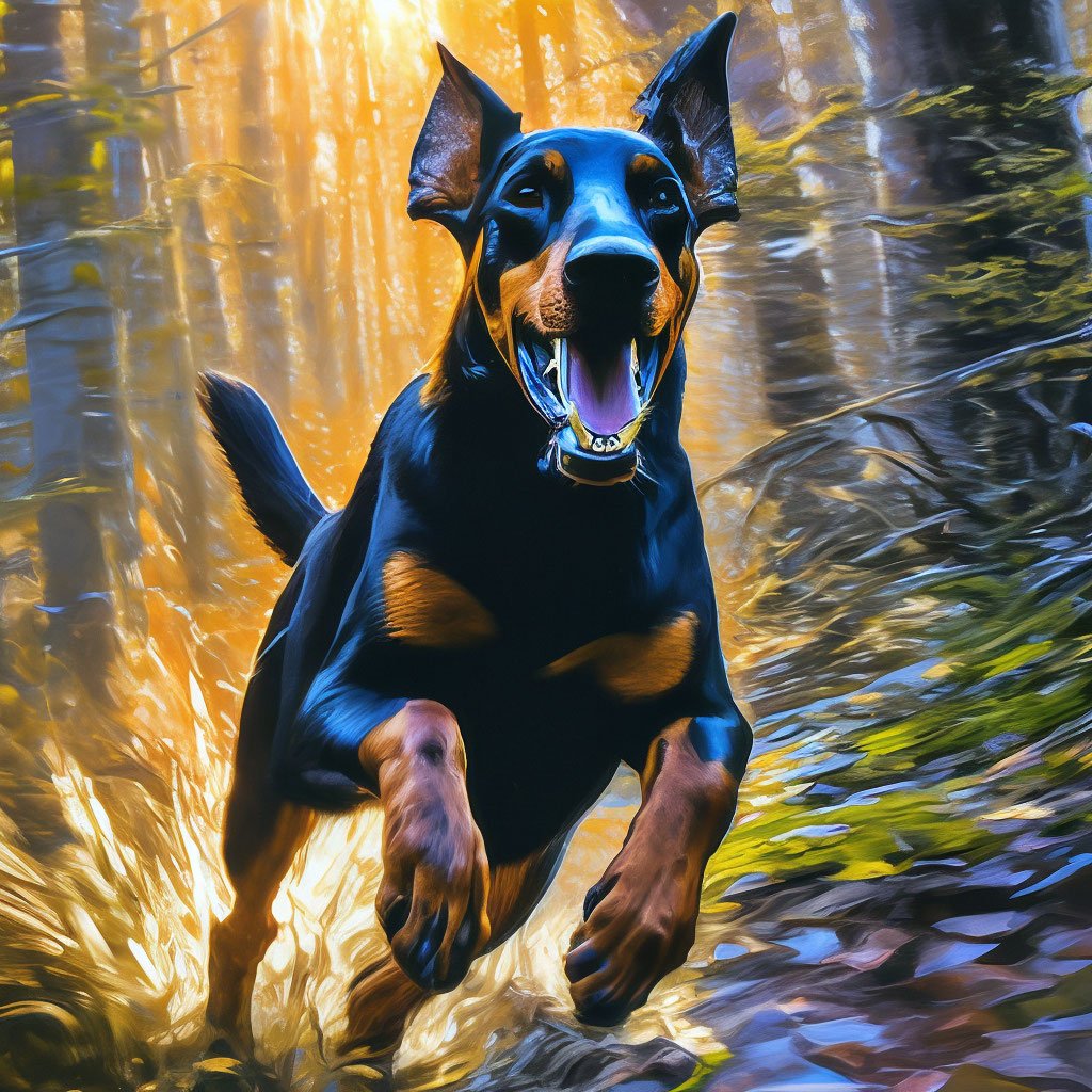 "Double expressionism,a black Doberman dog running through the forest ...