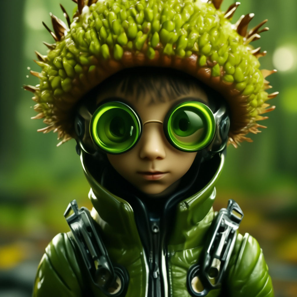 "Cute little acorn boy,hybrid boy and grandpa,big round eyes,neon green ...