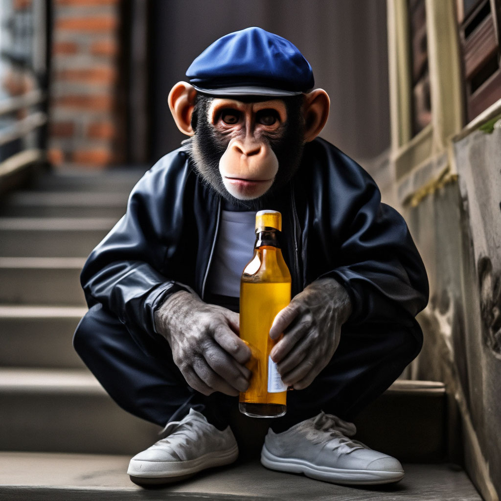 "A monkey in a gopnik costume in a 90's cap is sitting on the stairs of ...