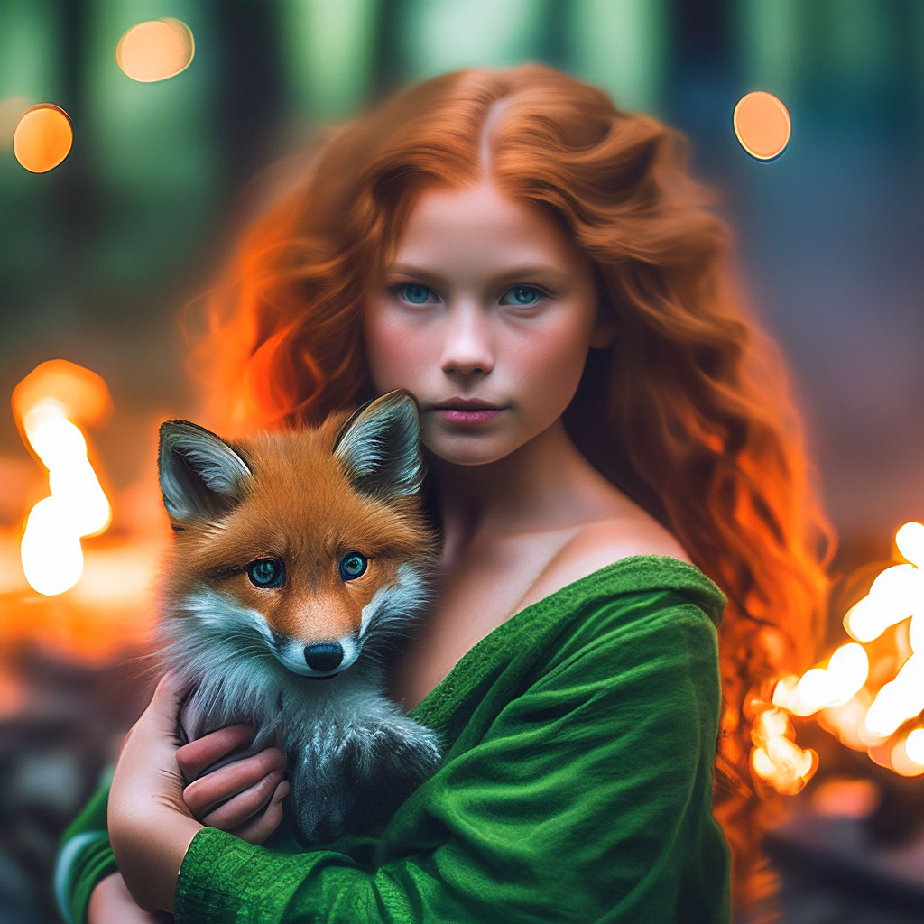 "Fox girl on fire, red curls, green eyes , holding a fox cub in her ...