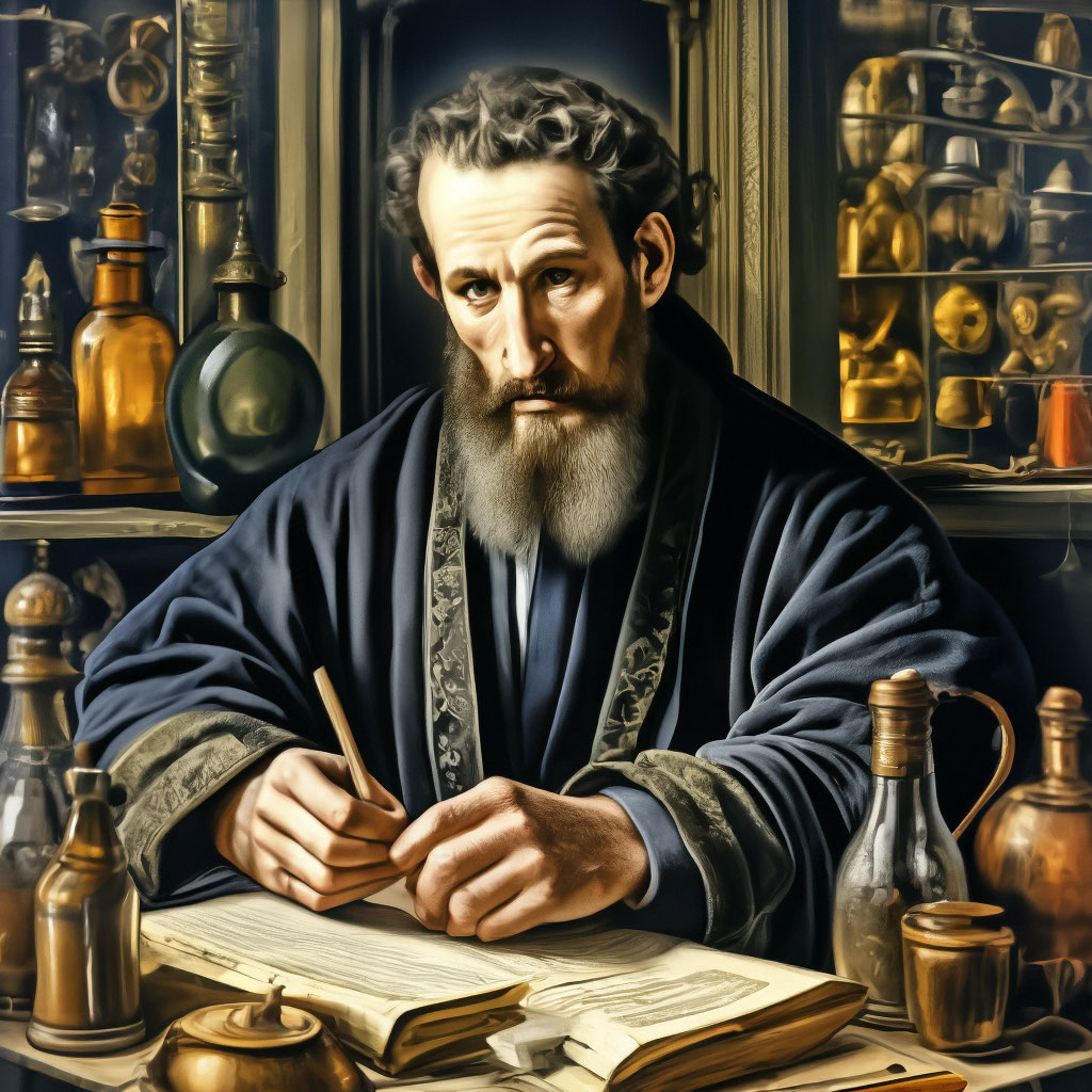 "Portrait of the alchemist John Dee in the laboratory , engraving ...