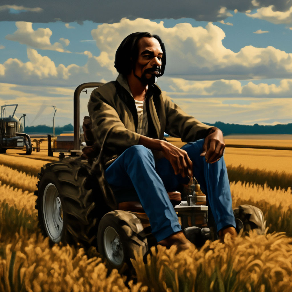 "Sad Snoop Dogg rides a tractor in the field" — image created in Shedevrum