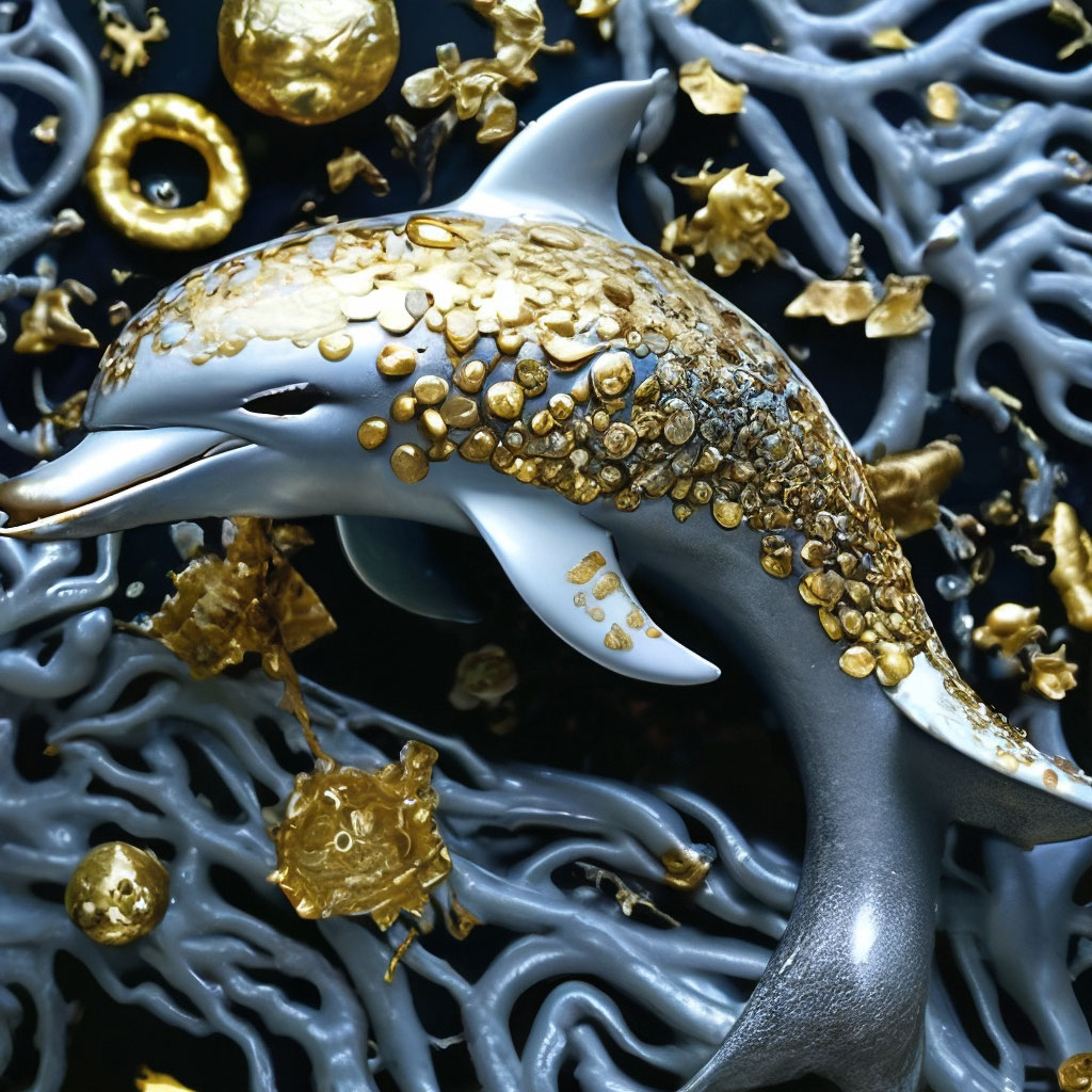 "©Anna P. black waters in it dolphins with silver scales and gold ...