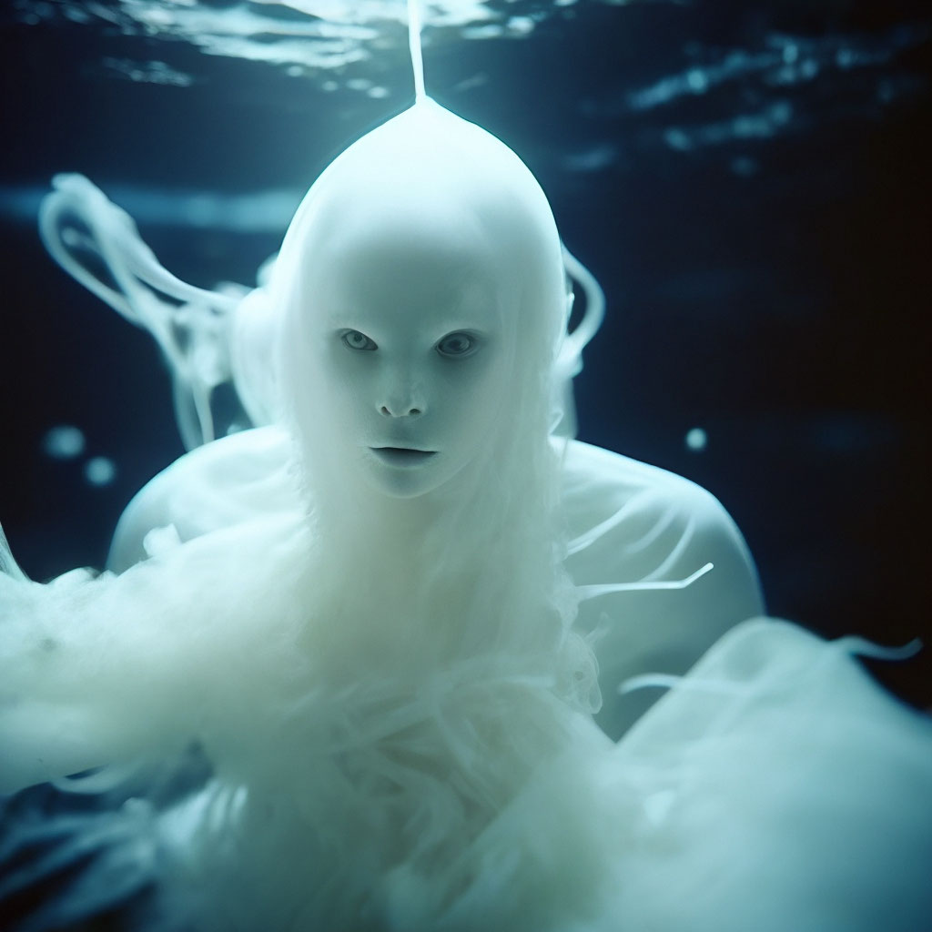 "Underwater photography, faceless white amorphous albino creature ...