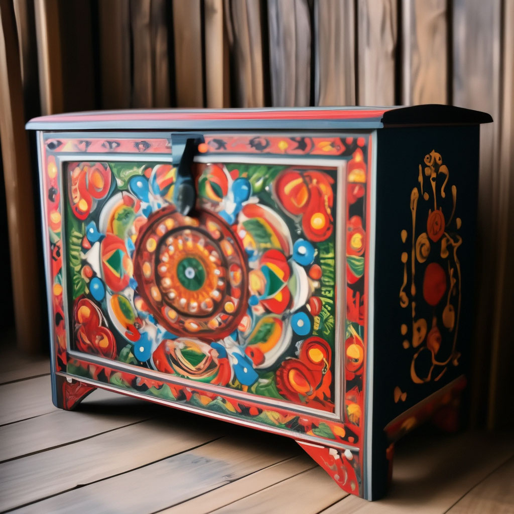 "Chest, in the style of Old Believers geometric Pyzhem wood painting ...