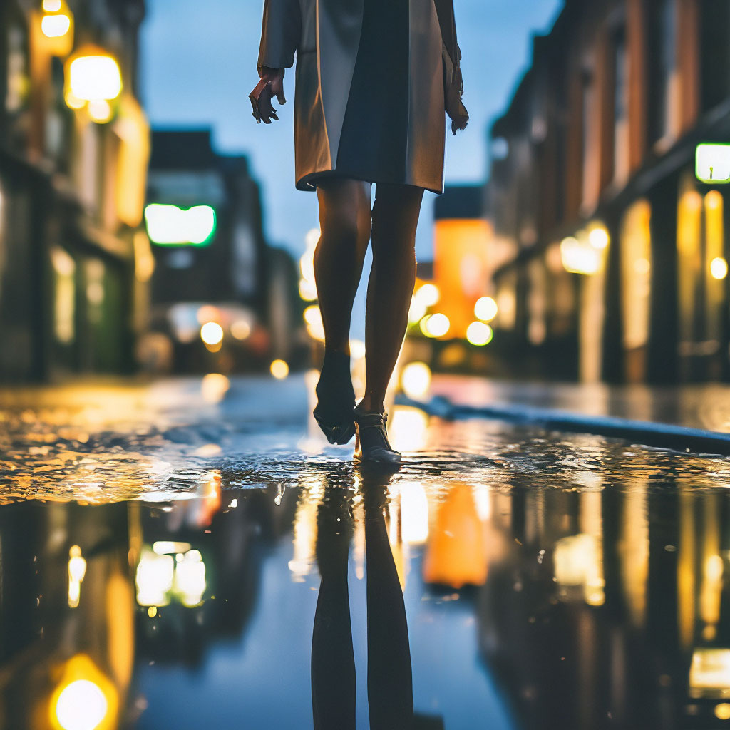 "Street photography, shooting from the ground, woman, close-up, walking ...