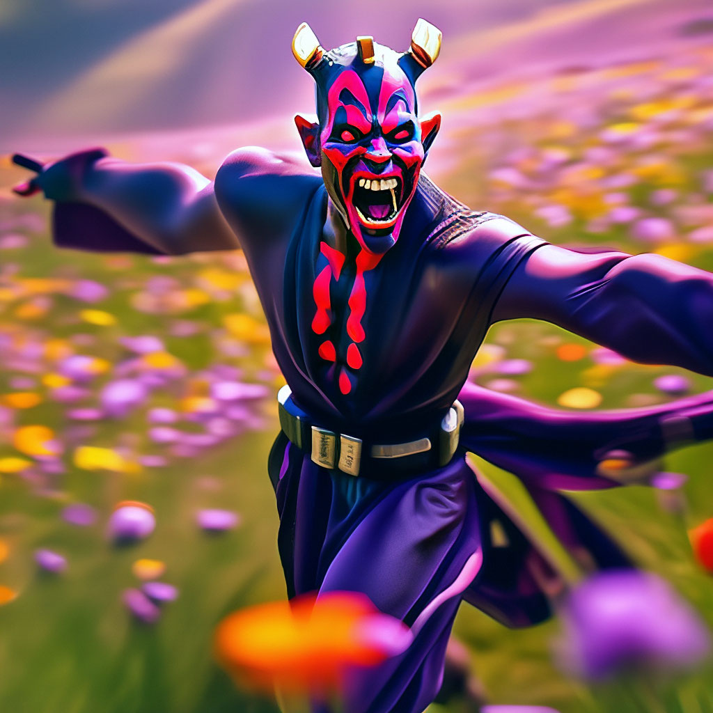 "Happy, laughing, joyful Darth Maul, the lord of the Sith, runs, arms ...