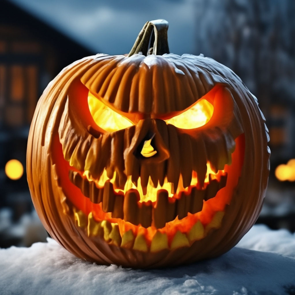 "Hyper realistic snow-free pumpkin consisting of snow, halloween with ...