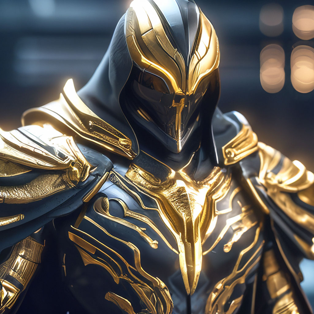 "Cyborg Paladin, matte black bioceramics, hooded, golden mechanical ...