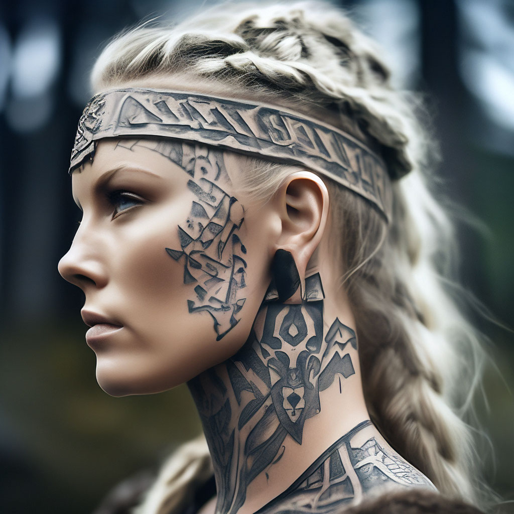 "A tattoo on the cheek in the form of a Celtic ornament on a blond ...