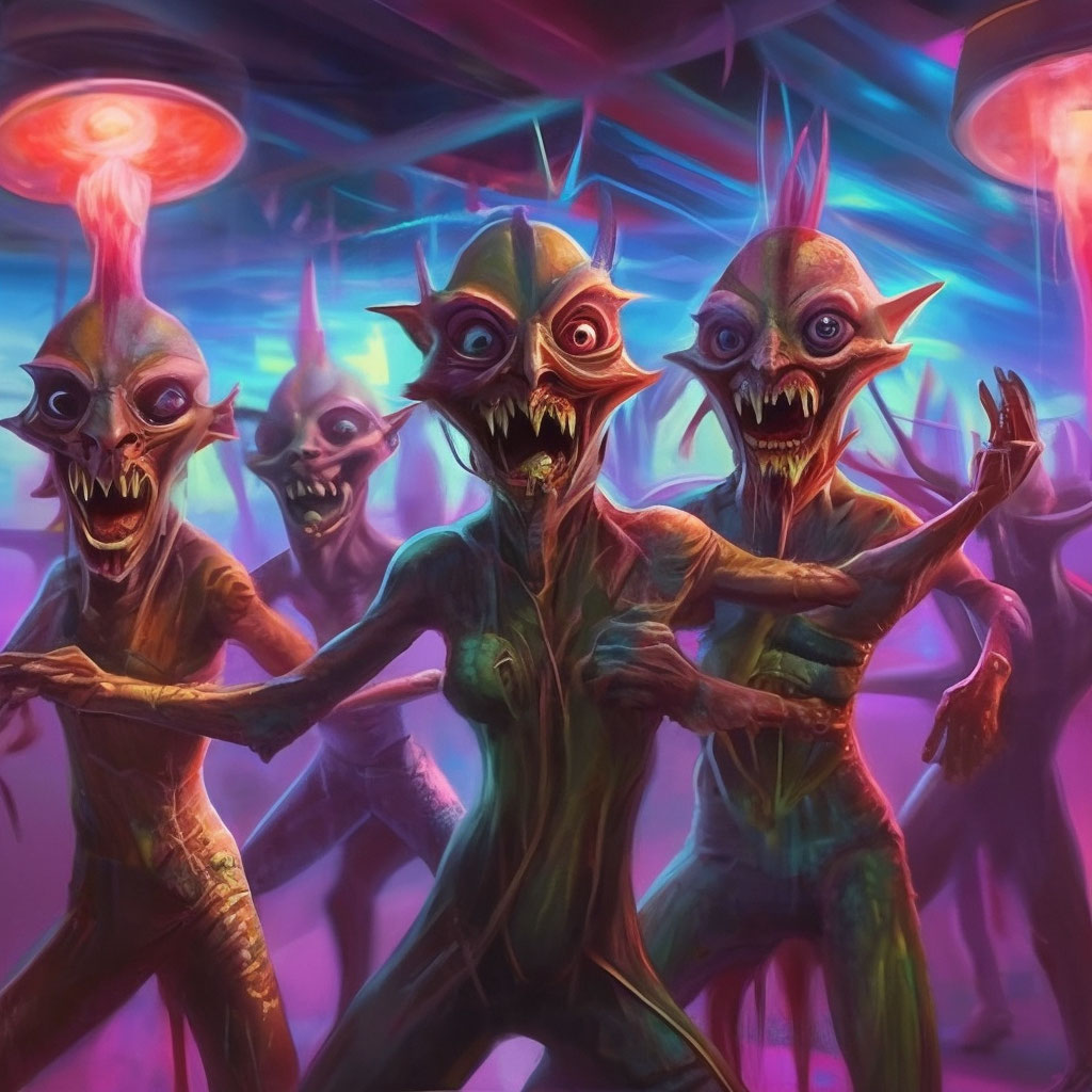 "Mutant freaks with disfigured faces dance at a disco" — image created ...