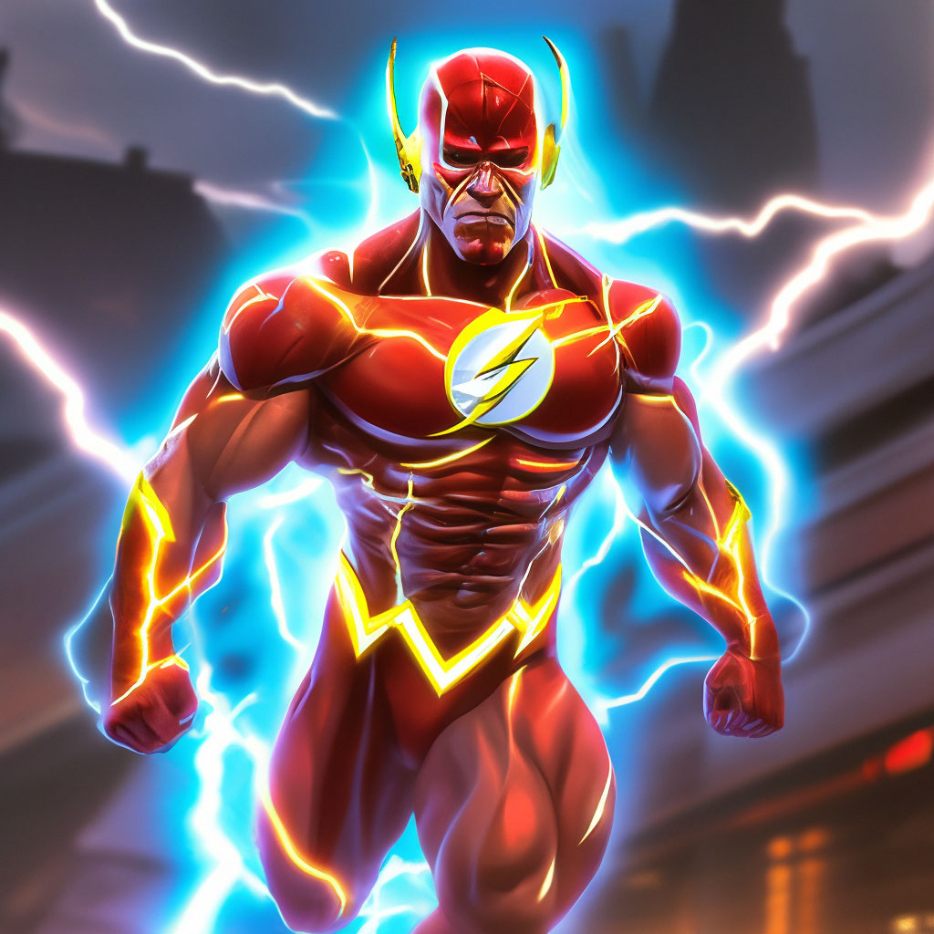 "Flash bodybuilder runs lightning" — image created in Shedevrum