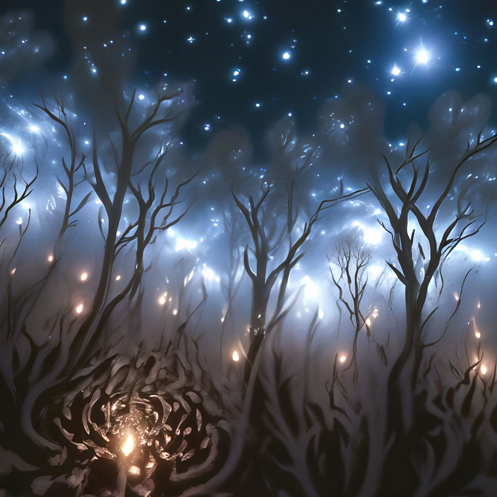 "Horror, lacy chocolate dense forest, starry sky, light, intertwined ...
