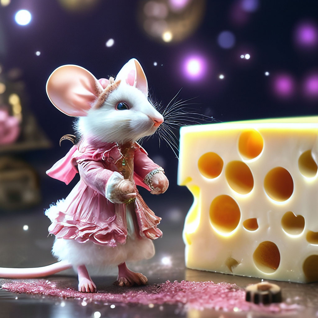 "Cute creep mouse in a delicate pink white dress near a large piece of ...