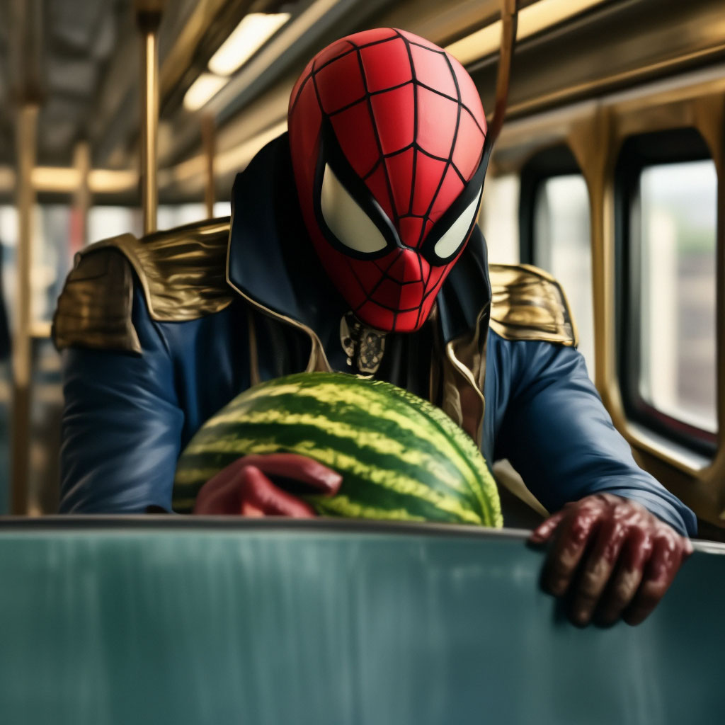 "Spider-Man in the form of a watermelon eats a subway car" — image ...