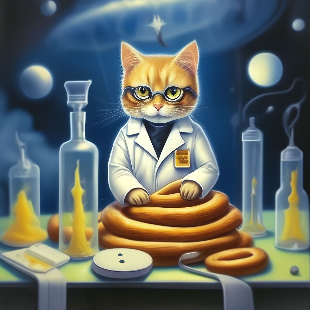 "One night a scientist cat piled up a smoked roll, surrealism" — image ...