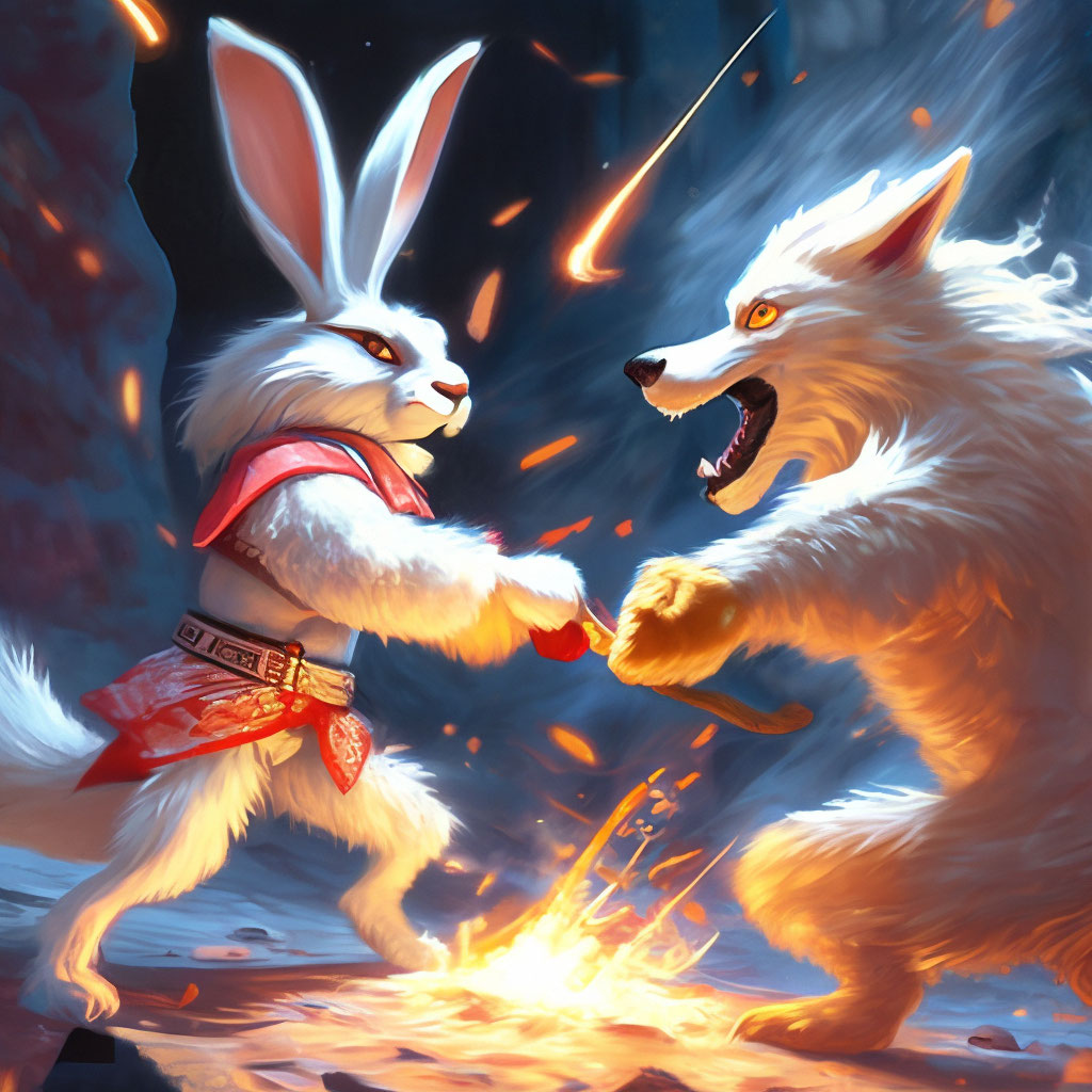 "An anthropomorphic hare beats a wolf, wool and sparks fly" — image ...