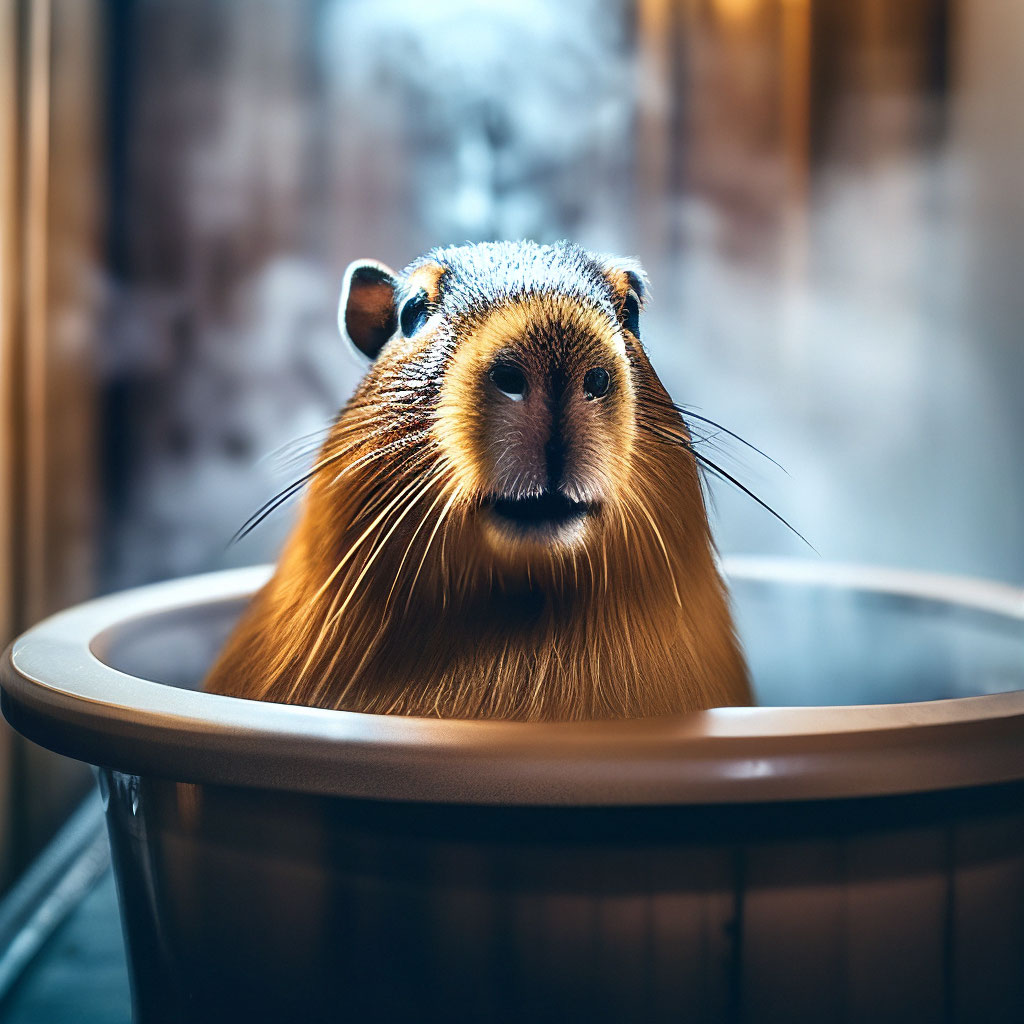 "Capybara with light steam,in the bath, sauna, photorealism,cinematic ...