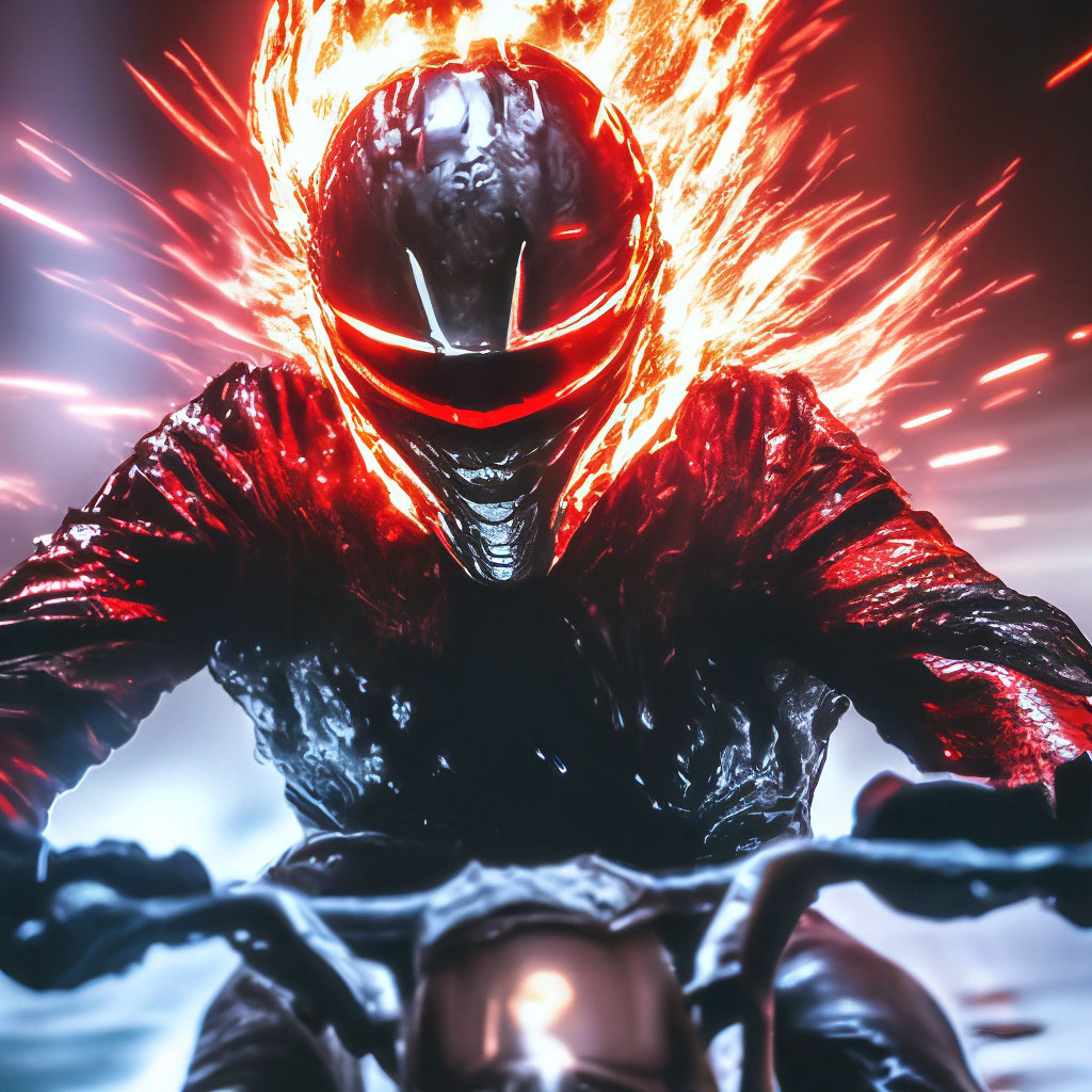 "Atomic explosion, red, black,white, white, burning eyes, ghost rider ...