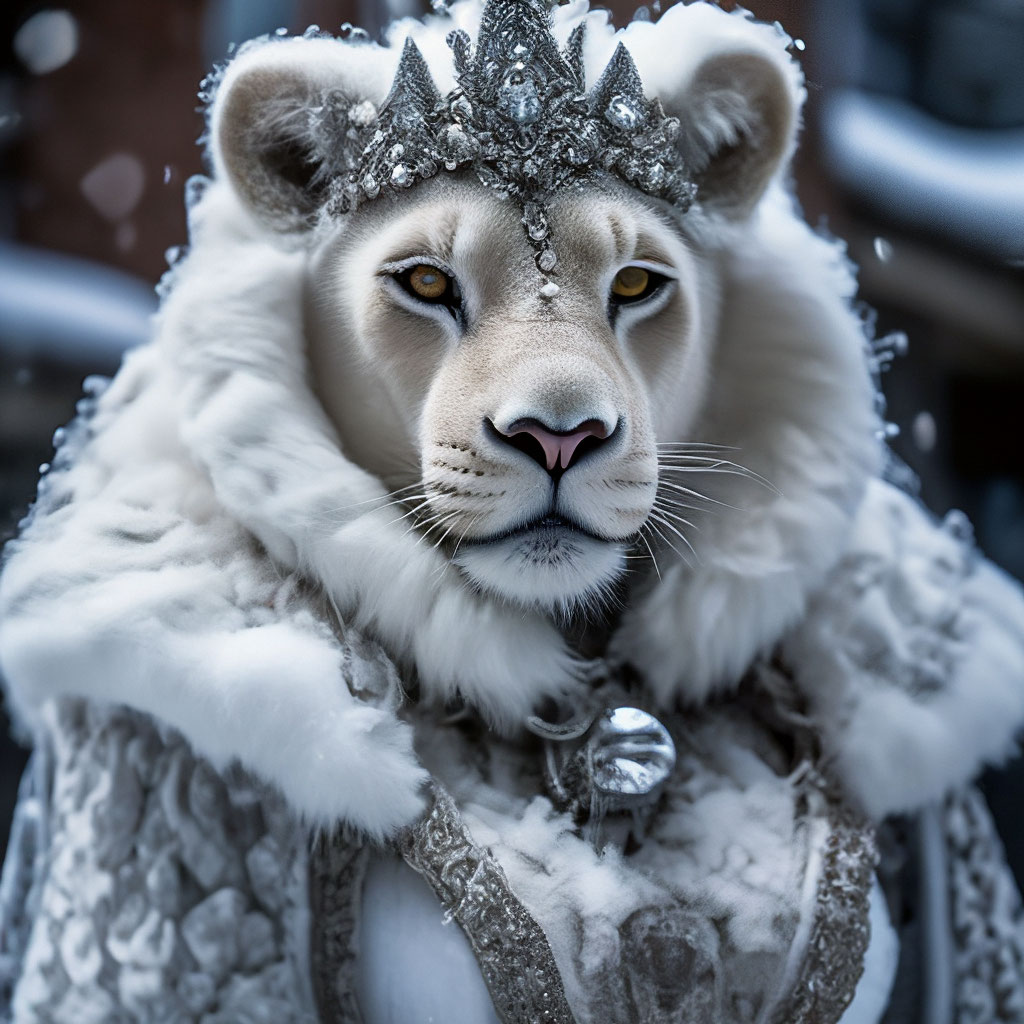 "Anthropomorphic lioness - snow queen in a snow queen costume, wool in ...