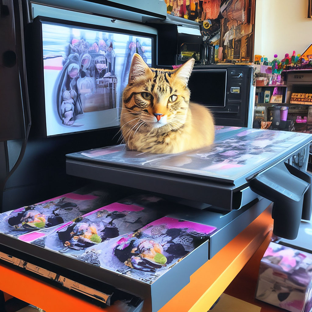 "The printer prints a lot of live cats" — image created in Shedevrum