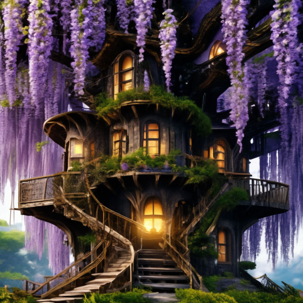 "Giant wisteria tree-house fantasy high resolution high detail high ...