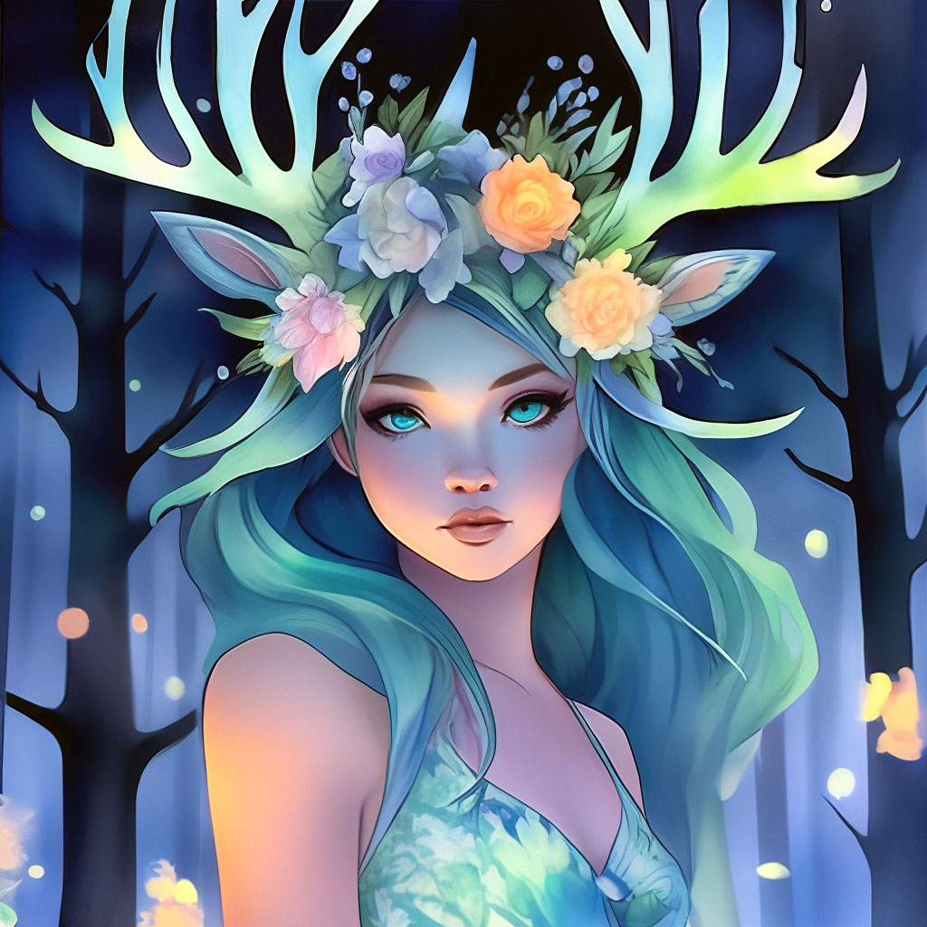 "Watercolor drawing. Forest nymph-deer, beautiful slender girl ...