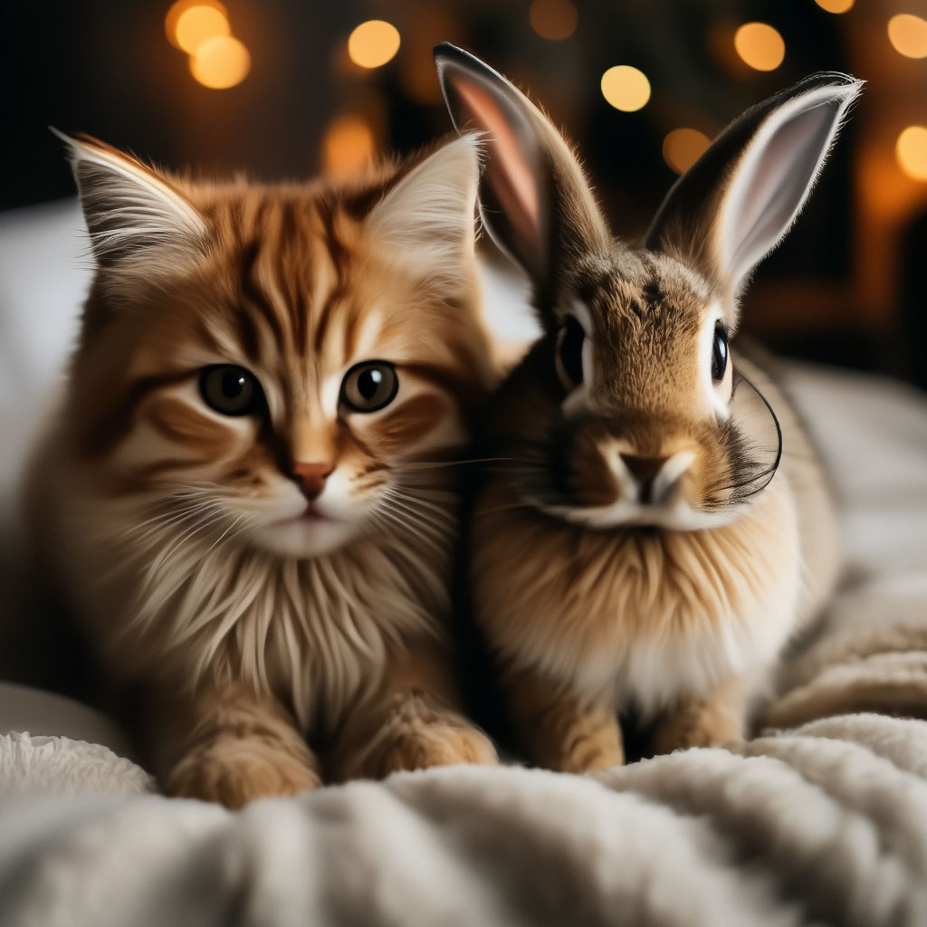 "A cat and a cute bunny on the bed" — image created in Shedevrum