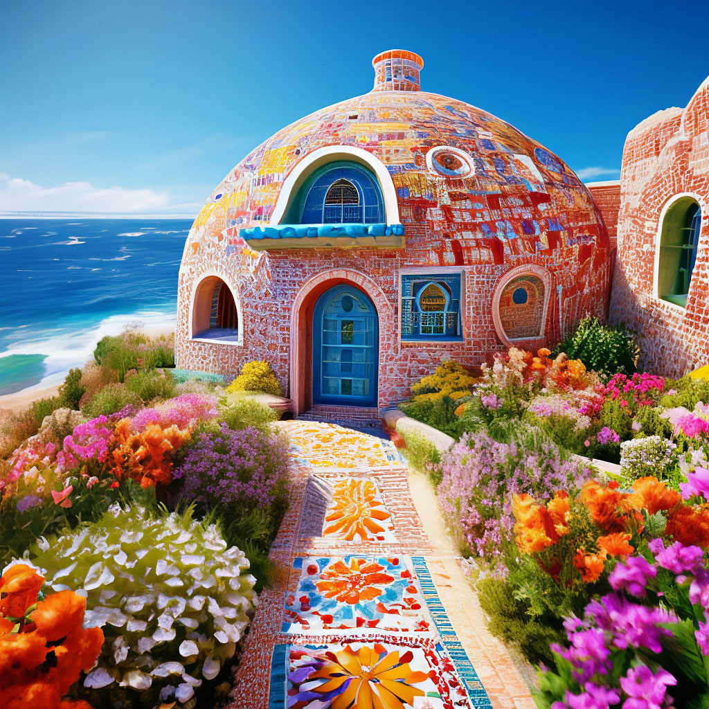 "Hyperrealism, round adobe ceramic house by the sea, house in the ...