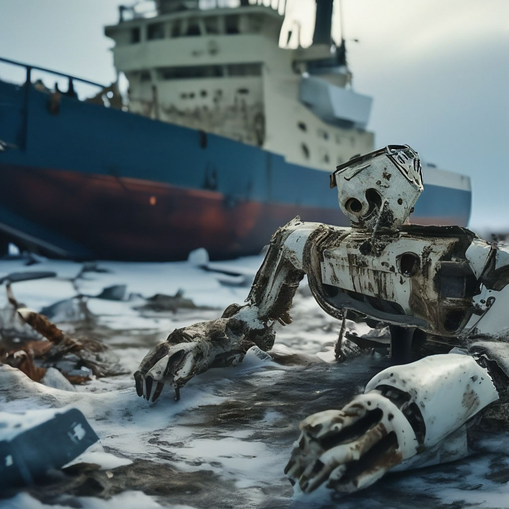 "Antarctica, lying skeleton, garbage, broken robot, icebreaker in the ...